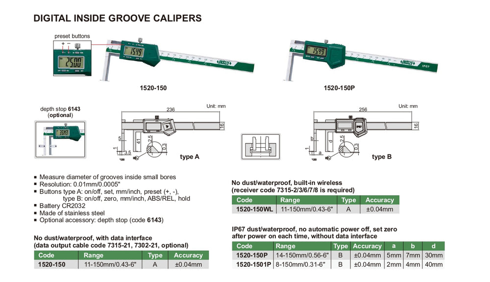 INSIZE Digital Inside Groove Caliper 1520
